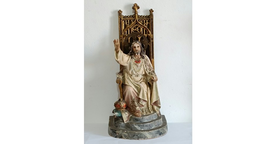 Statuie veche Hristos Regele, Sfanta Inima a lui Isus, ochi de sticla ...