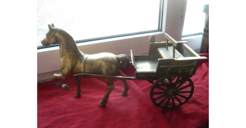 Cal si Caruta din alama ,dim.=40x12x20cm ,roti si osii mobile | Okazii.ro