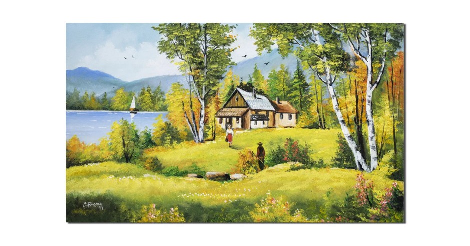 Tablou pictat manual, Peisaj de la munte, o zi minunata, 100x60cm ulei ...