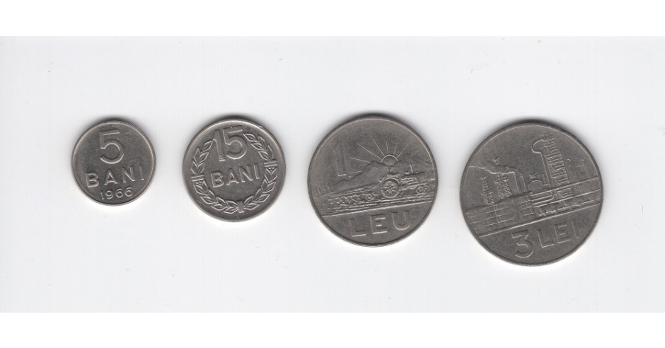 Set monede 1966 - 5 bani, 15 bani, 1 leu, 3 lei XF | arhiva Okazii.ro