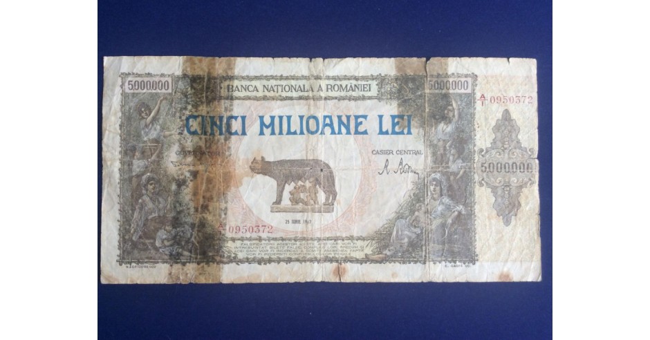 Bancnote Romania - 5000000 lei 1947 - seria A.0950372 (starea care se ...