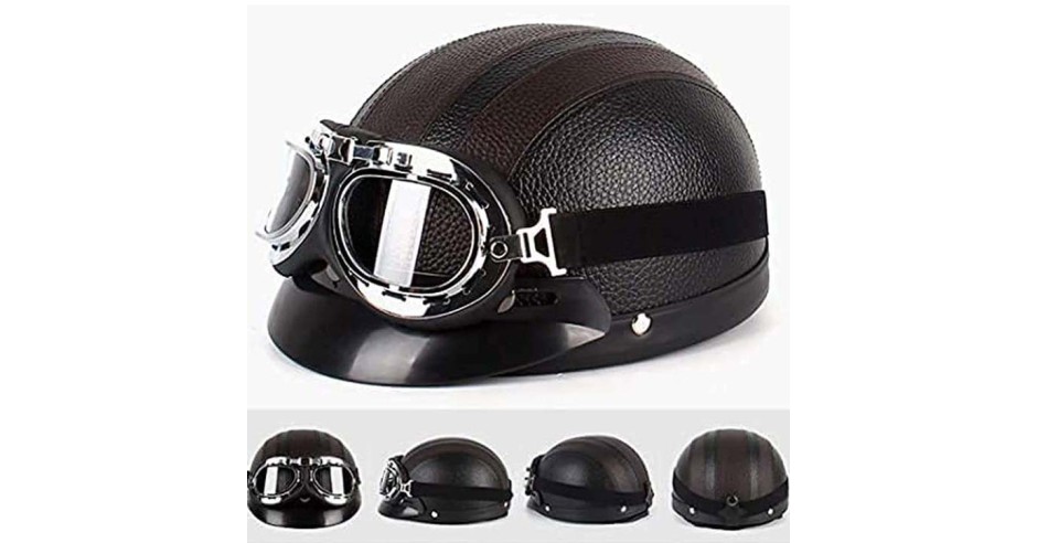 Casca Moto Retro Piele Negru/Maro Cozoroc Guler Detasabil Scuter ...