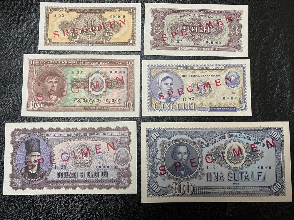 Bancnote romanesti Specimen 1,3,5,10,25,100 lei 1952 aUNC+++ | arhiva ...