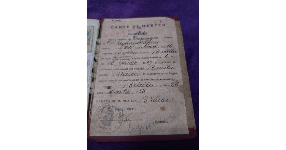 Carte MESTER/Carnet de Mester,CAZANGIU,Braila,1938,document vechi de ...