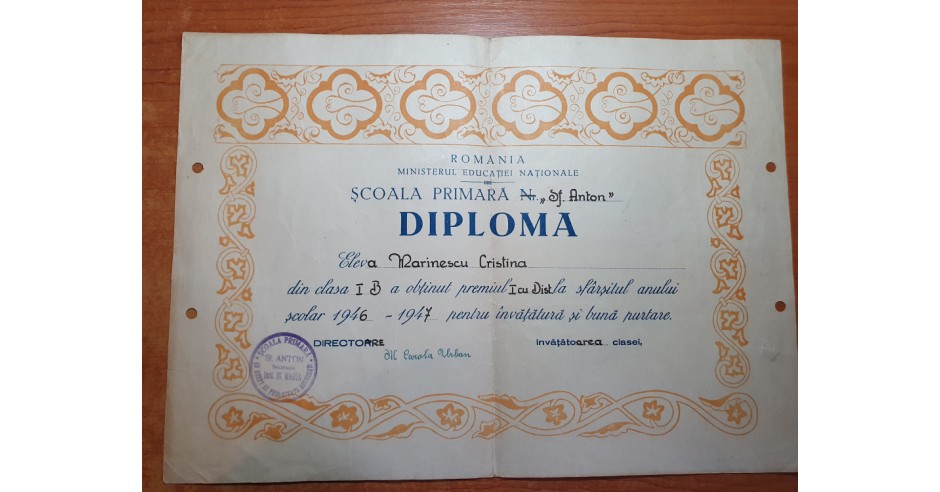 Diploma premiul 1 cu distictie,clasa 1-a - din anul 1947-1948 | Okazii.ro