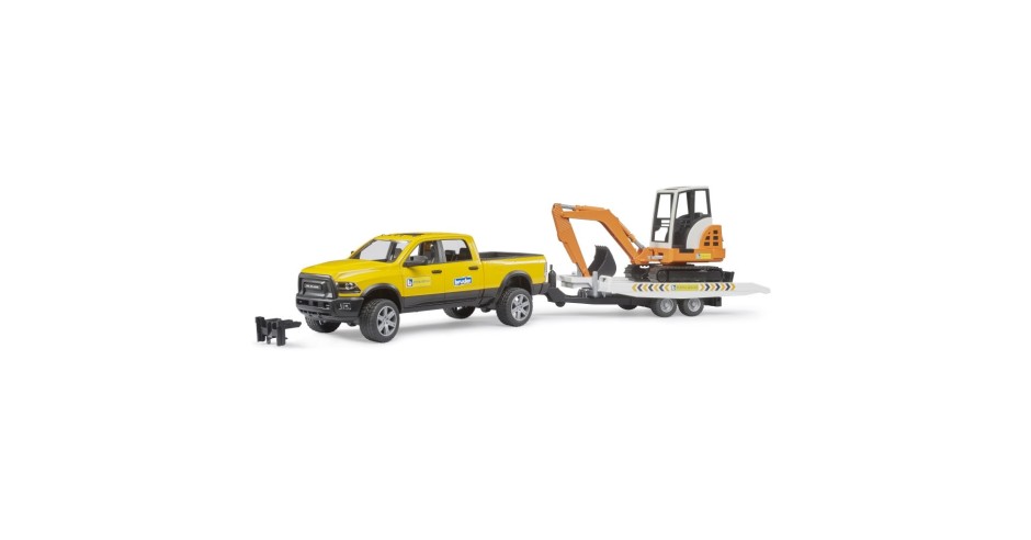 Bruder RAM 2500 cu Remorca si Mini Excavator - Jucarie Macheta, Scara 1 ...