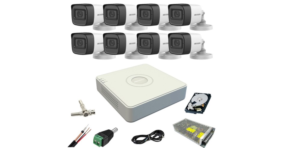 Sistem supraveghere Hikvision 8 camere 5MP IR 40m microfon DVR 8 canale ...