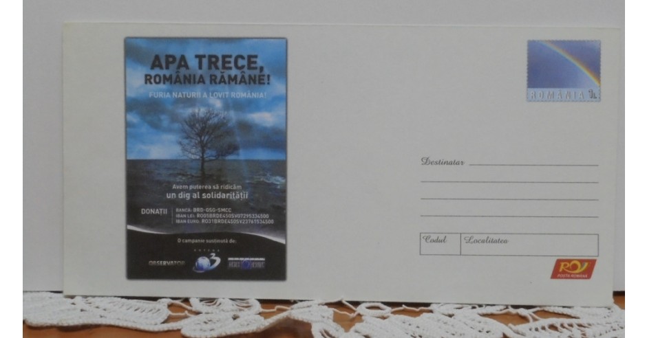 PLIC RECLAMA PENTRU DONATII- APA TRECE, ROMANIA RAMANE! -TIMBRU SEC ...