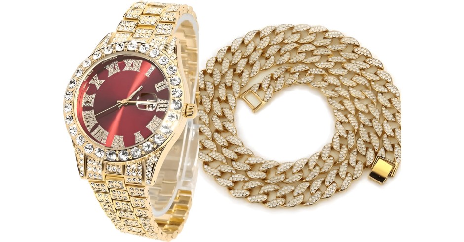 Set Ceas Iced Out Gold Red + Colier Cuban Chain Iced out, insertii din ...