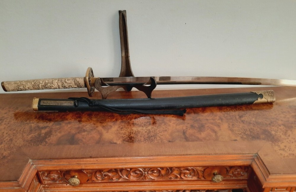 Spada, Sabie Katana Japoneza, maner sculptat in os, lama gravata, 101 ...