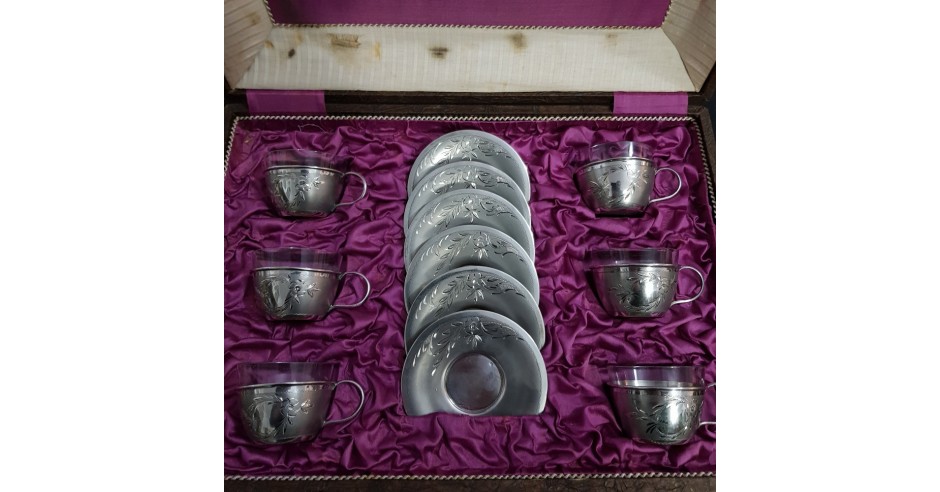 SERVICIU DE CAFEA DIN ARGINT-SET DE 6 PERSOANE IN CUTIA ORIGINALA-ANII ...
