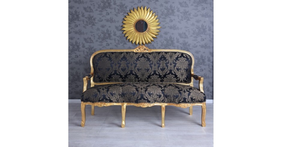 Sofa baroc din lemn masiv auriu cu tapiterie din matase albastra ...