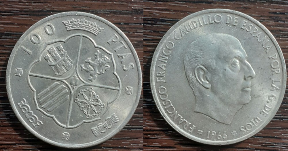 (A117) MONEDA DIN ARGINT SPANIA - 100 PESETAS 1966 (68 IN STELUTA ...