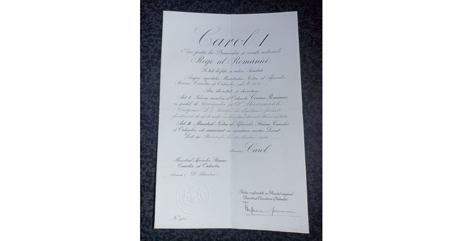 Brevet Ordinul Coroana Romaniei,grad de Comandor pt diplomat din Serbia ...