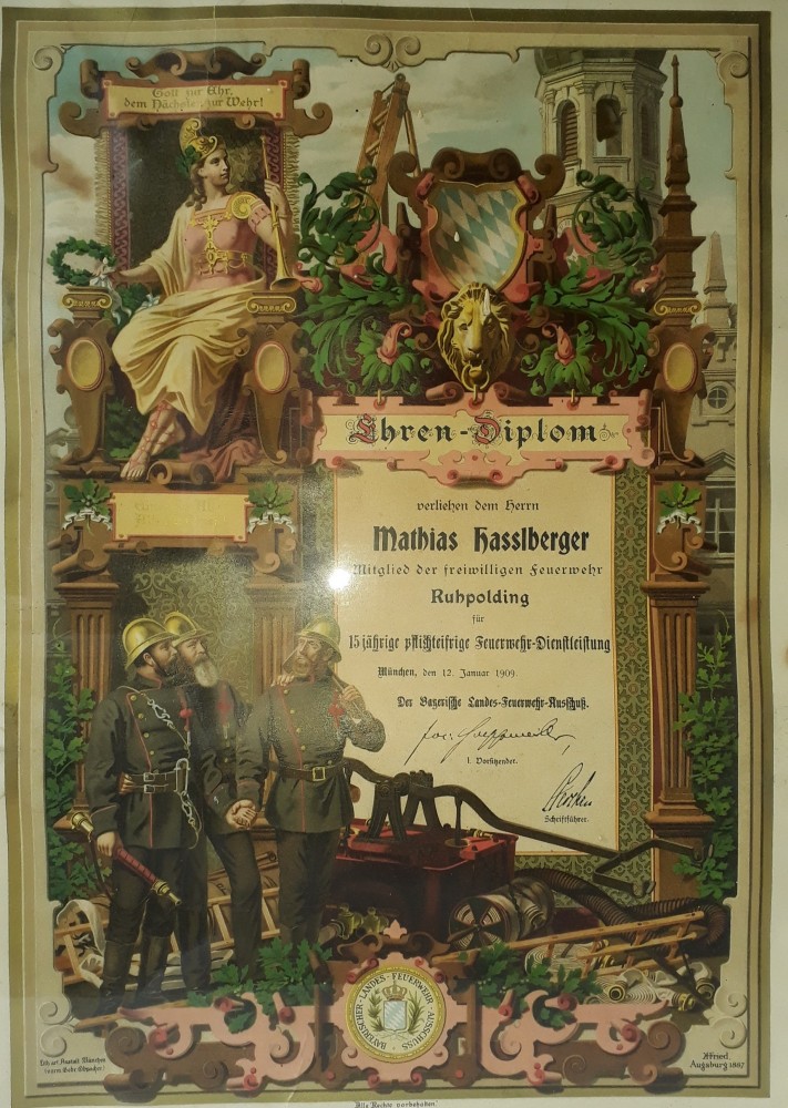 Diploma de onoare pentru pompier german, litografie veche 1887 ...