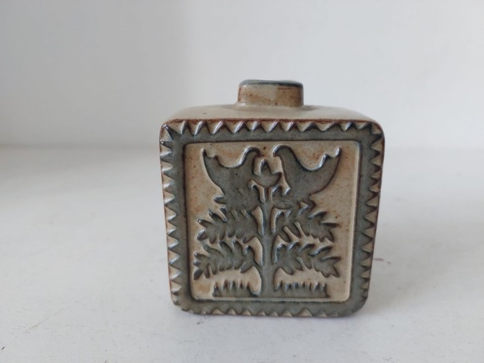 Vază vintage japoneză din lut glazurat, cu model cu pasăre, rustică ...