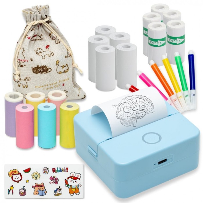 Mini imprimanta portabila MX1, BLUE cu 5 role albe +3 colorate ...