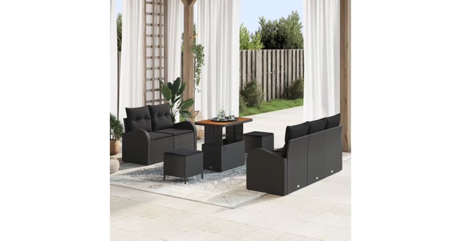 Set canapea gradina Gossi 8 piese cu pernute negru ratan polyal acacia ...