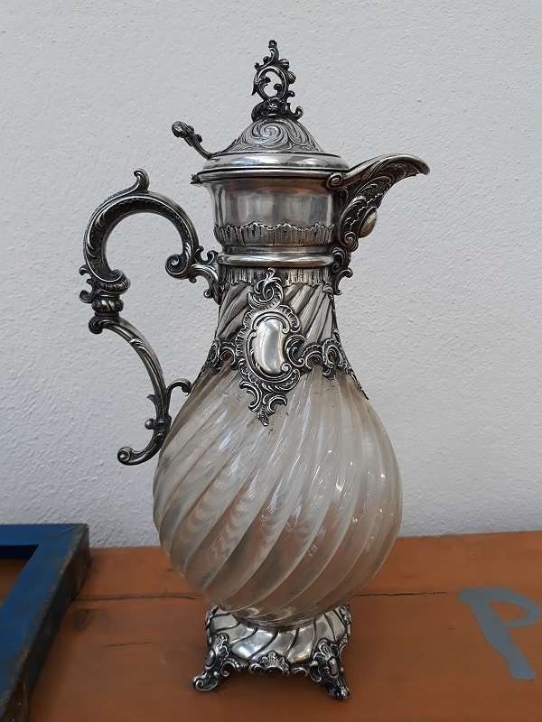 1800s CARAFA VECHE ROCOCO ARGINT SI STICLA 1600 GRAME MARCAJ 800 ...