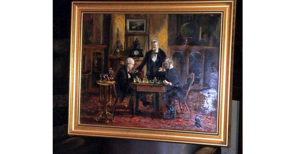 Jucatorii de sah tablou cu barbati jucand sah. Pictura ulei pe panza ...