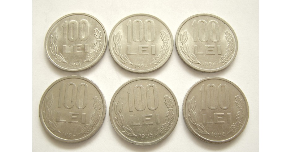 q147 SET COMPLET MONEDE DE 100 LEI 1991 1992 1993 1994 1995 1996 aUNC ...