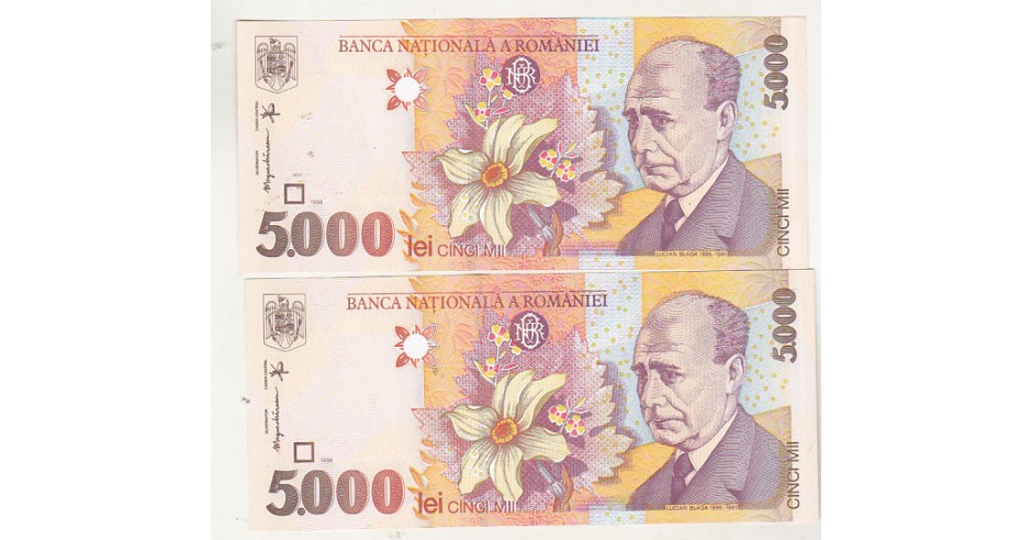 Bnk bn Romania 5000 lei 1998 unc - x2 serii consecutive | Okazii.ro