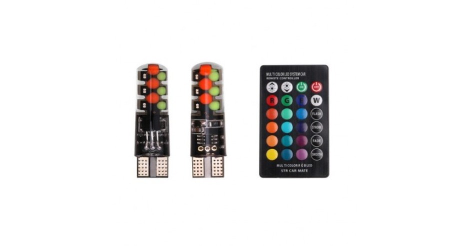 Set 2 Becuri LED Auto Pozitie T10 RGB Colorate cu Telecomanda 12V ...