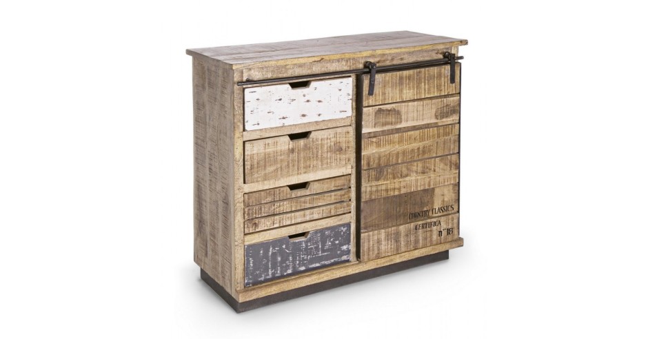 Comoda cu 4 sertare si 1 usa mobila din lemn mango maro gri Tudor 90 cm ...