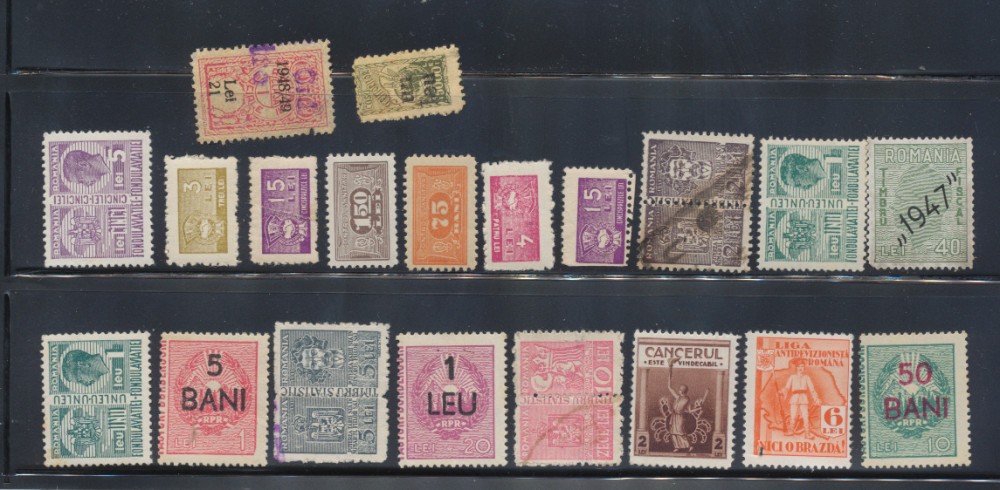 ROMANIA lot 20 timbre fiscale diverse 1935-1950, majoritatea neuzate ...