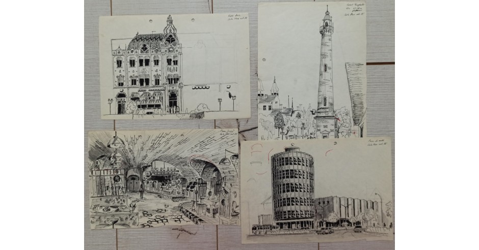 Cladiri din Satu Mare// desene in perspectiva, 1988 | arhiva Okazii.ro