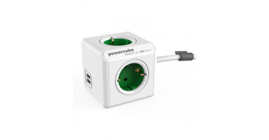 Prelungitor in forma de cub 4 prize 2x USB lungime cablu 1.5m alb/verde ...