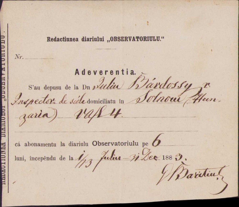 S257 Semnatura olografa Gheorghe Baritiu 1883 chitanta ziar ...