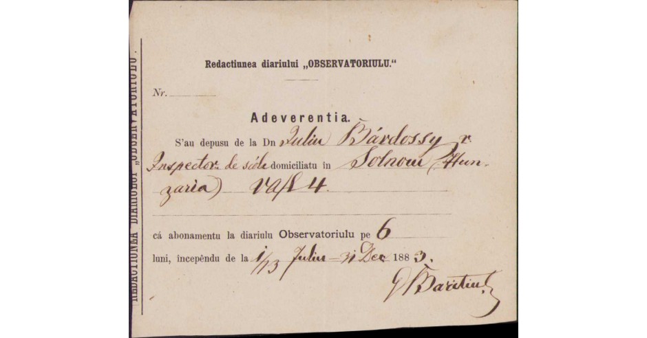 S257 Semnatura olografa Gheorghe Baritiu 1883 chitanta ziar ...