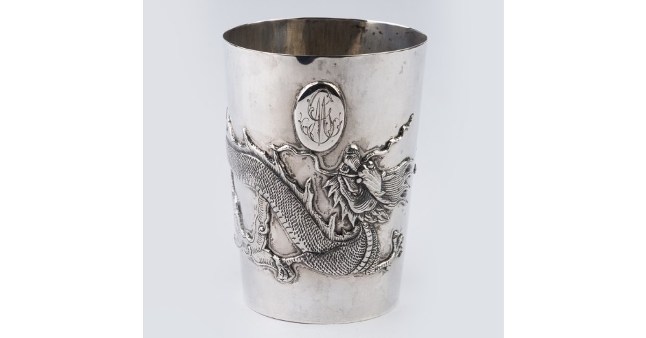 Pahar,pocal mare din argint masiv cu dragon,China secolul 19-ORIGINAL ...