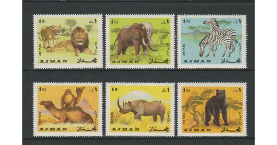 123-AJMAN 1966-Serie de 6 timbre ANIMALE-lei elefanti-zebre,camila ...