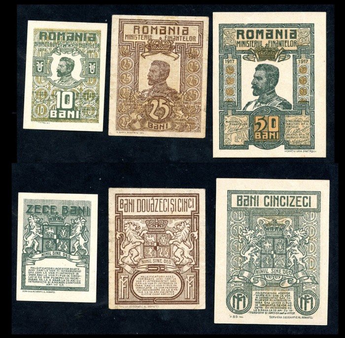 Bancnote Romania 10 bani 1917, 25 bani 1917, 50 bani 1917 -Regele ...