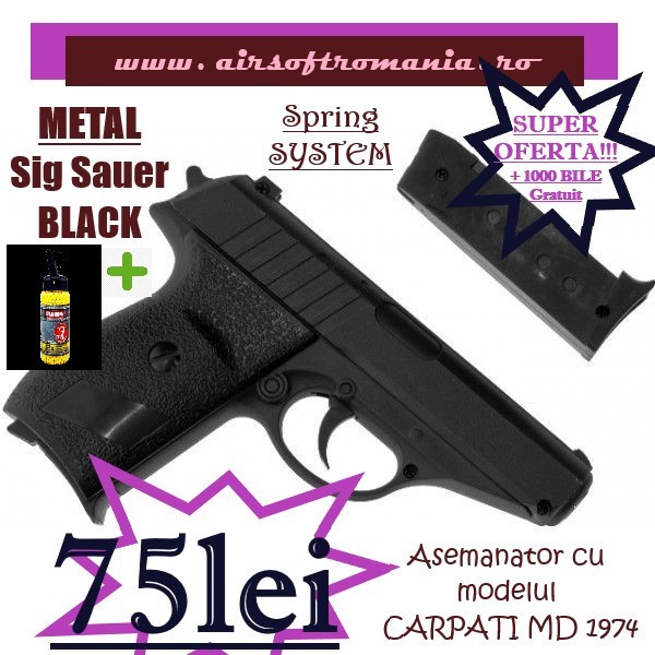 Pachet Pistol tip CARPATI MD 1974 arc METAL airsoft + 2000 bile 0,12gr ...