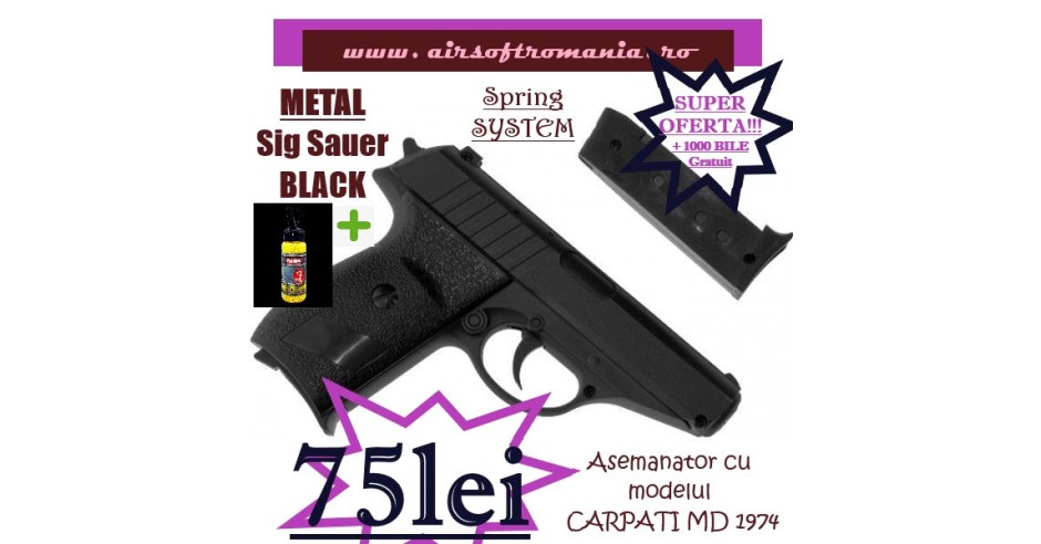 Pachet Pistol tip CARPATI MD 1974 arc METAL airsoft + 2000 bile 0,12gr ...