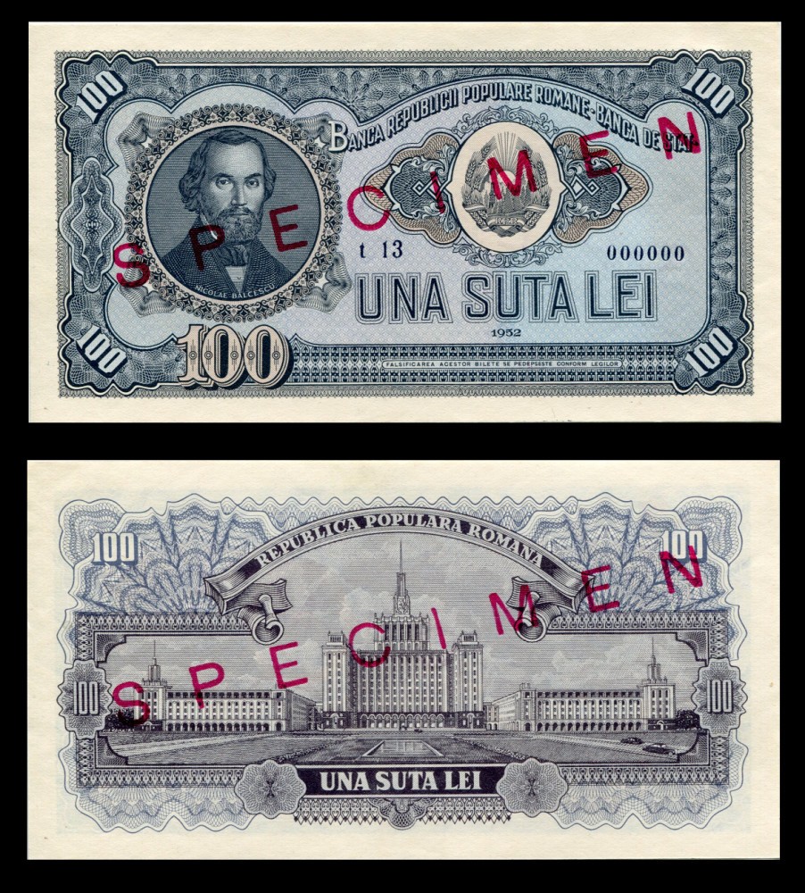 Bancnote romanesti, bani vechi, 100 lei 1952 SPECIMEN -UNC | arhiva ...