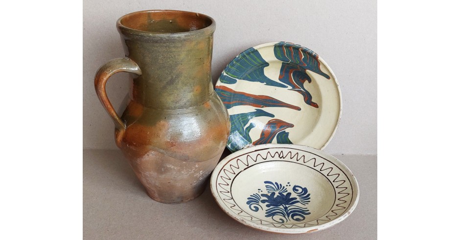 Ulcea de lut ars + 2 castroane pictate, ceramica traditionala ...