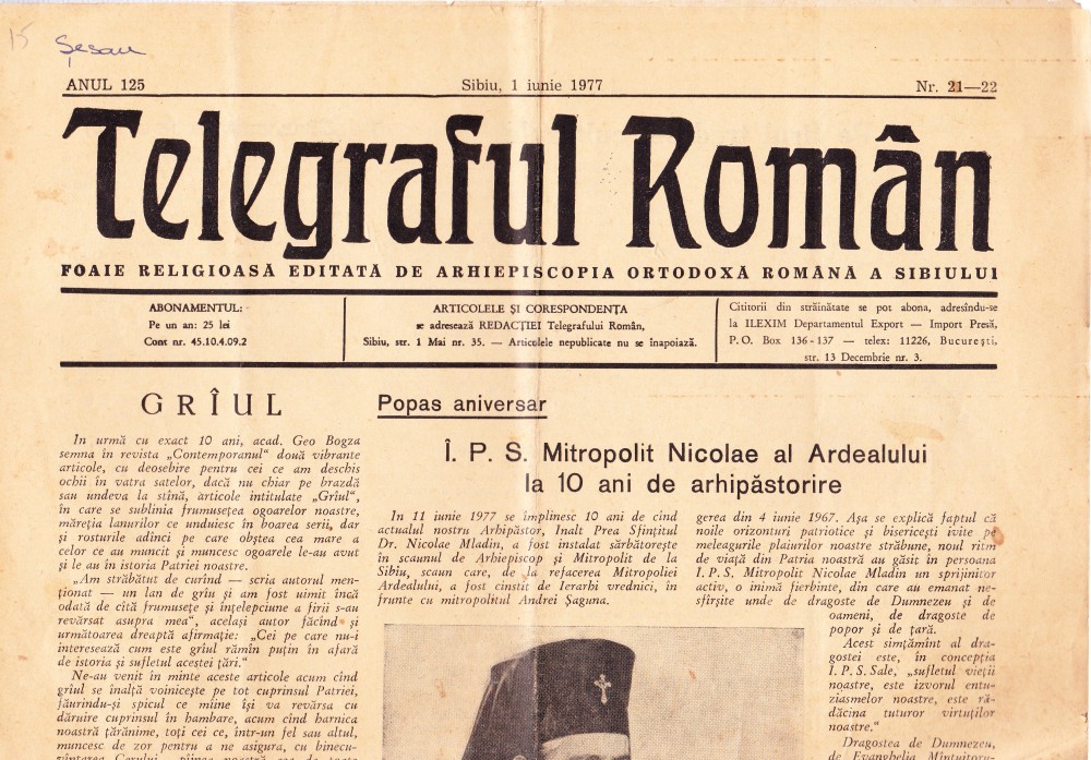 AMS# - TELEGRAFUL ROMAN ANUL 125 SIBIU, 1 IUNIE 1977 NR. 21 - 22 ...