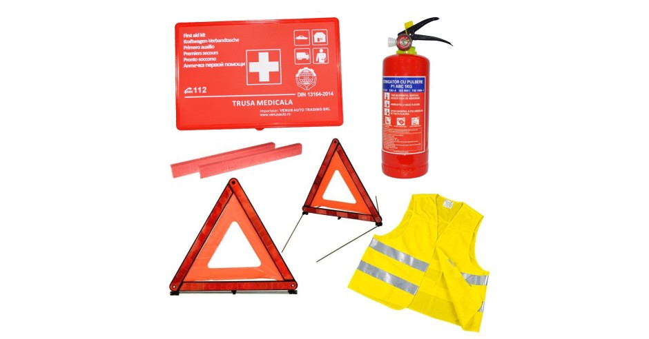 Kit de siguranta auto cu doua triunghiuri trusa de prim ajutor ...