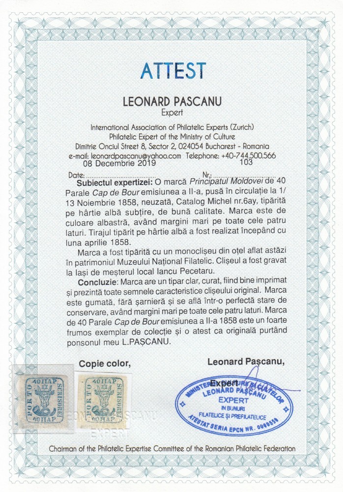 1858 LP 6 MOLDOVA 40 PARALE CAP DE BOUR EMISIUNEA a II-a ATESTAT L ...