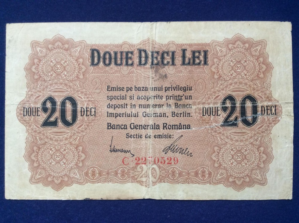 Bancnote Romania - 20 lei 1917- seria C2270529 - Banca Generala Romana ...