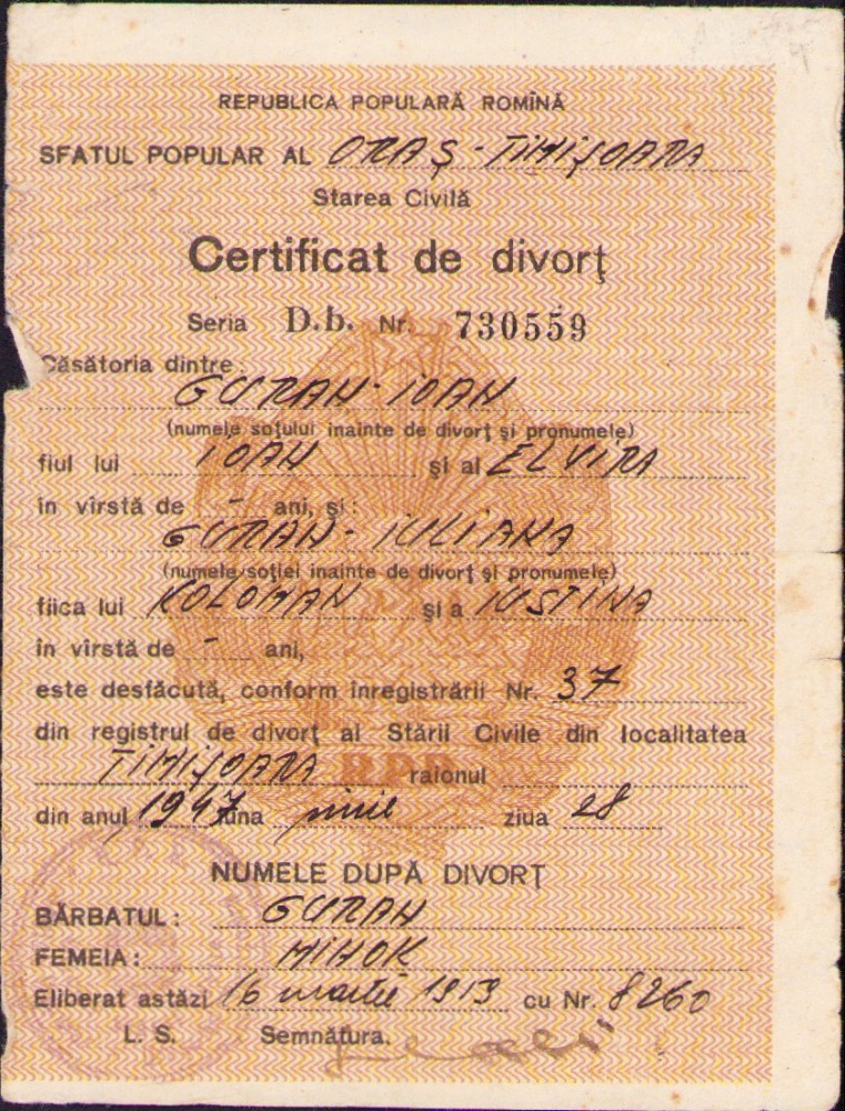 HST A1451 Certificat de divor? 1947 Timi?oara | arhiva Okazii.ro