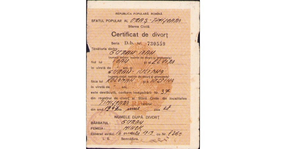 HST A1451 Certificat de divor? 1947 Timi?oara | arhiva Okazii.ro
