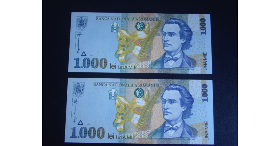 2 Bancnote Consecutive 1000 lei 1998 ROMANIA Filigran BNR Oblic - UNC ...
