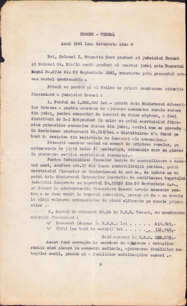 A2711N Proces verbal de predare a finanțelor județului Tecuci, 1941 ...