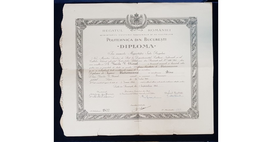 DIPLOMA DE INGINER ELECTROMECANIC, BUCURESTI, 1943 | arhiva Okazii.ro