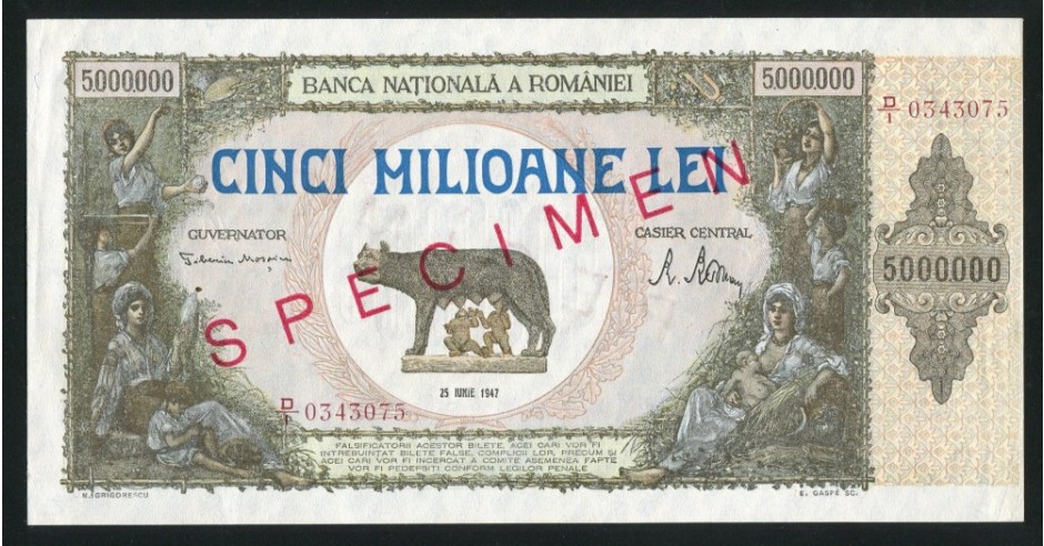cg06 BANCNOTA DE 5000000 LEI 1947 SPECIMEN CU SERIE APROAPE NECIRCULATA ...